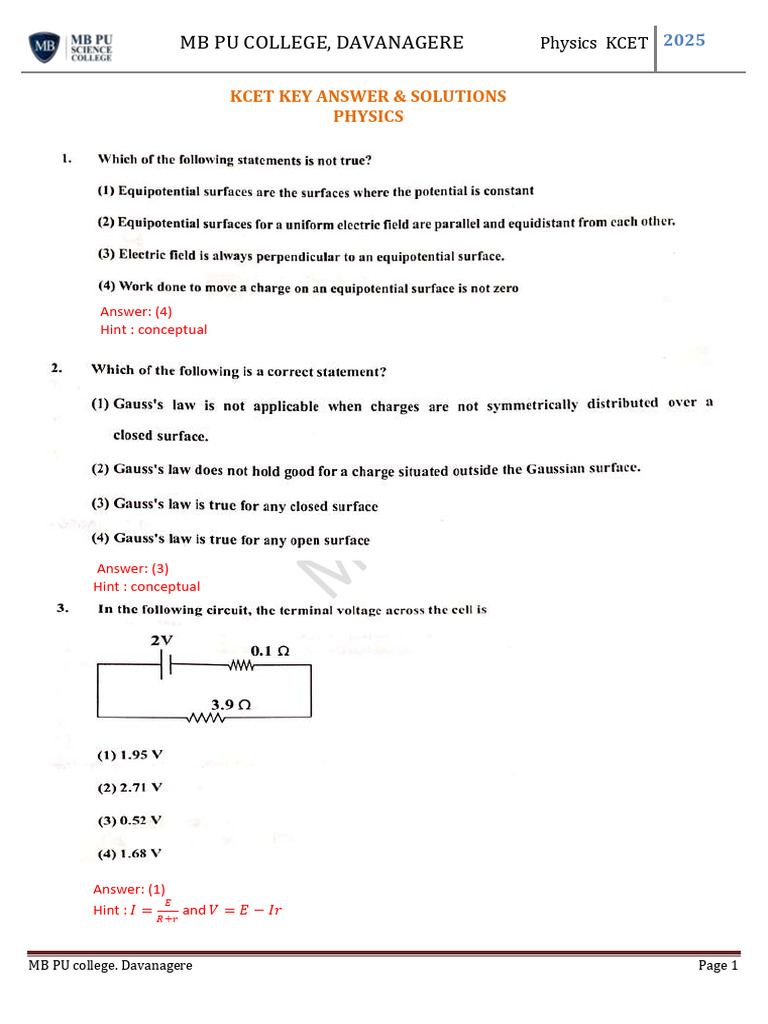 PHYSICS KCET Key & Soln 2025 | PDF | Physics | Physical Quantities