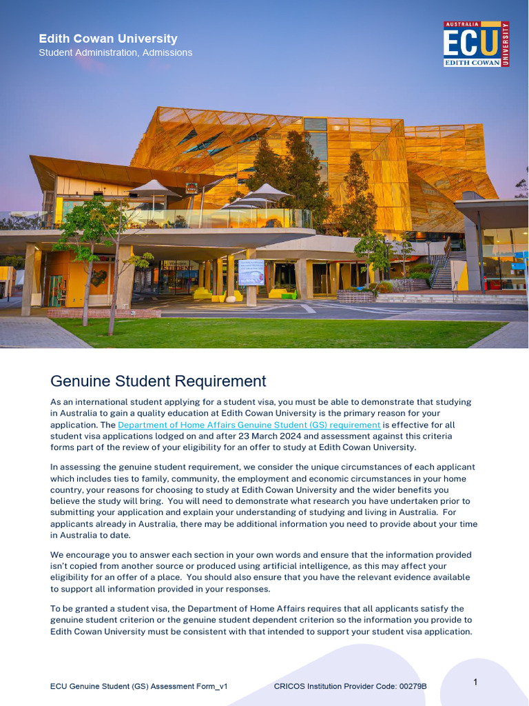 ECU Genuine Student Visa Assessment Form | PDF | Cost Of Living ...