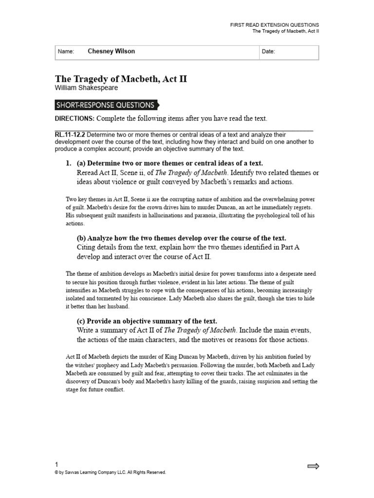 The Tragedy of Macbeth, Act II - First Read Extension Questions | PDF ...