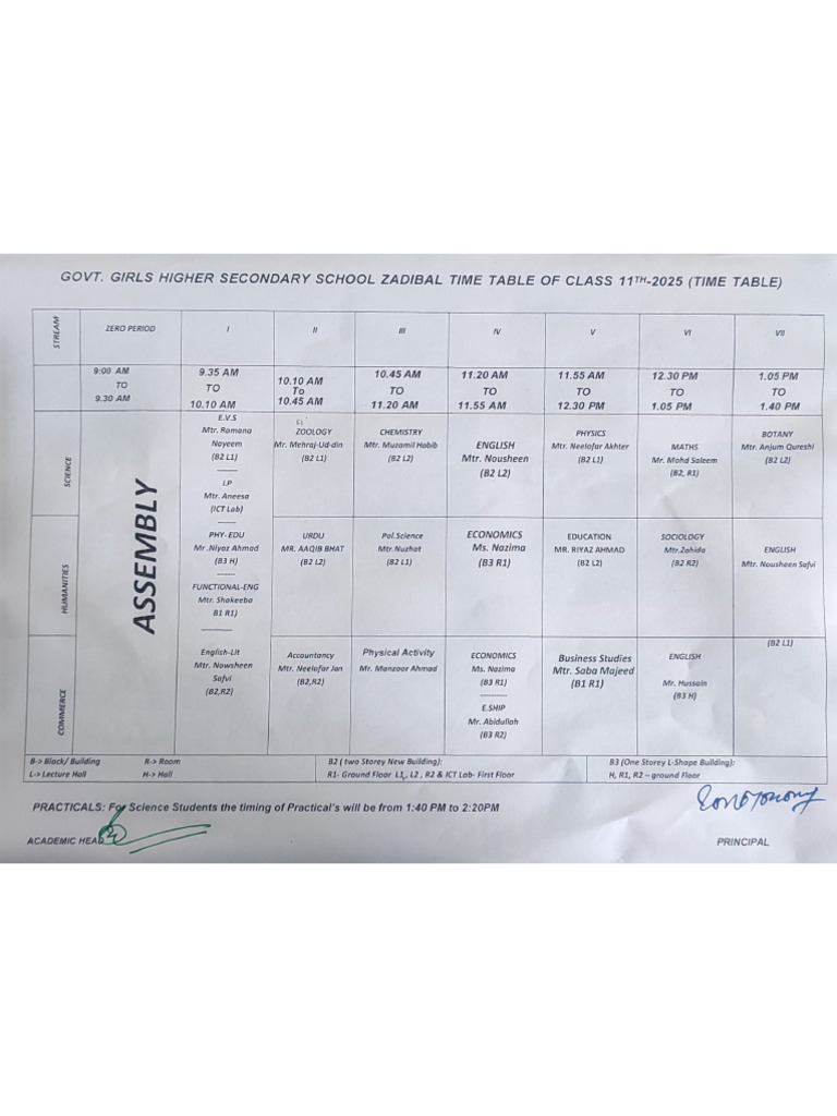 Time Table Class 11TH and 12TH | PDF