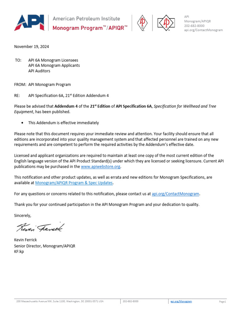API 6A 21st Edition Addendum 4 Notice | PDF