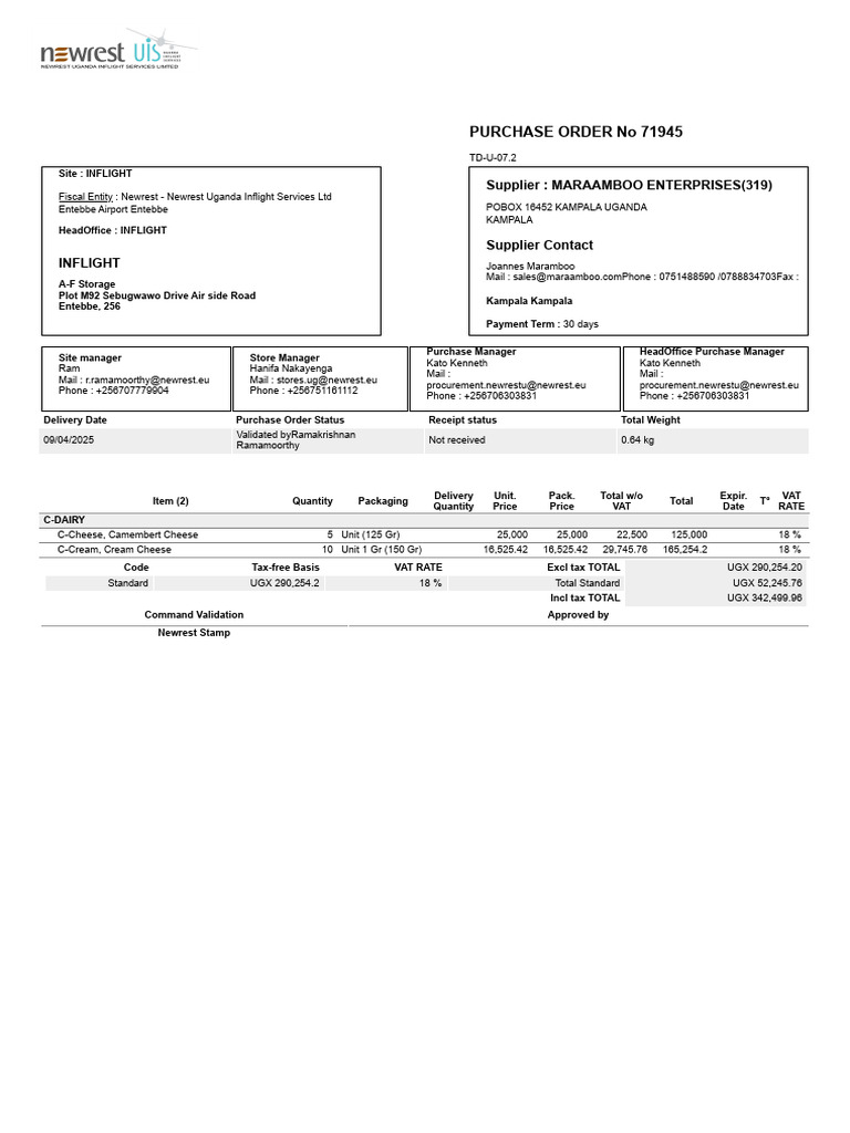 Purchase Order 71945 - Newrest Uganda | PDF | Mail