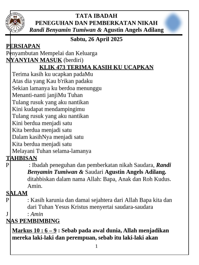 Pemberkatan Nikah Randi dan Agustin | PDF