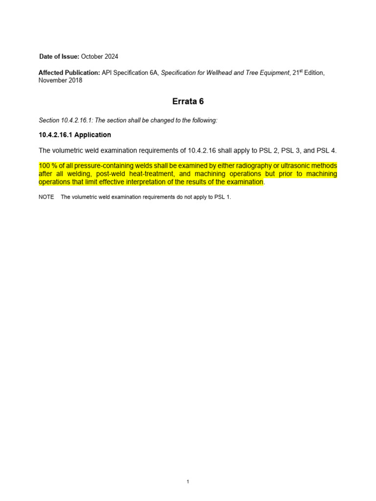 API Specification 6A 21st Edition Errata 6 20241015 | PDF | Welding ...