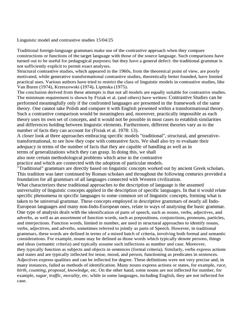 Linguistic Model and Contrastive Studies | PDF | Part Of Speech | Subject (Grammar)