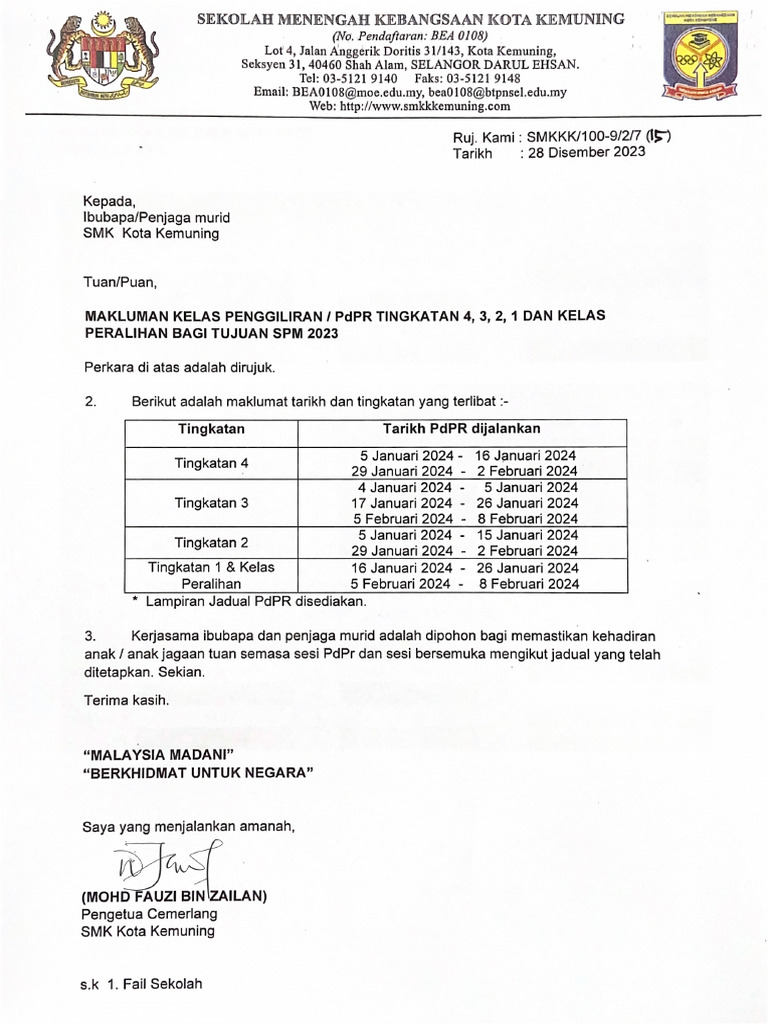 Surat Makluman PDPR Kerana SPM Kepada Ibu Bapa - 231229 - 163640 | PDF
