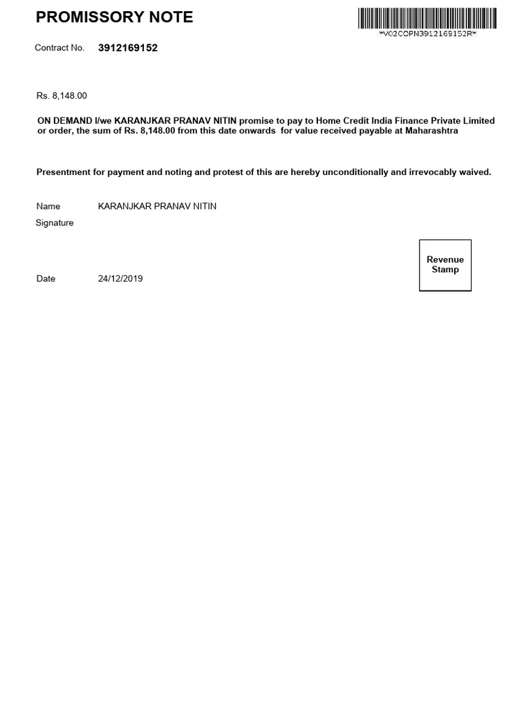Promissory Note for Rs. 8,148.00 | PDF