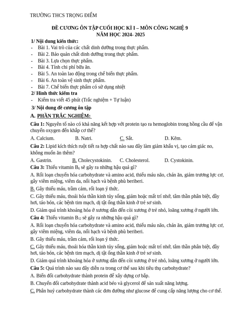 Đề cương ôn tập cuối học kì I - CN9 (24-25) | PDF