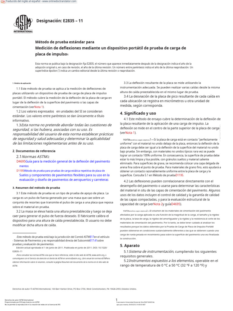 ASTM E2835 - 11.en - Es (DEFLECTOMETRO) | PDF | Calibración | Sensor