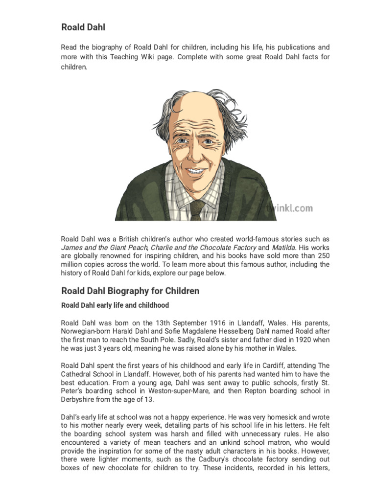 Roald Dahl Biography and Facts For Kids - Teaching Wiki | PDF