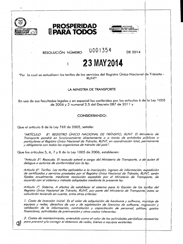 1 Mintransporte Res 1354 de 2014 Actualizacion Tarifas Runt | PDF