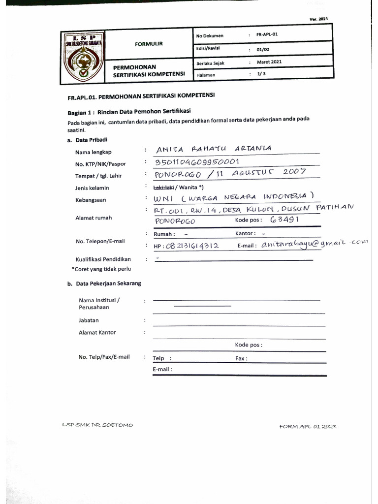 Contoh Pengisian Apl 01 | PDF