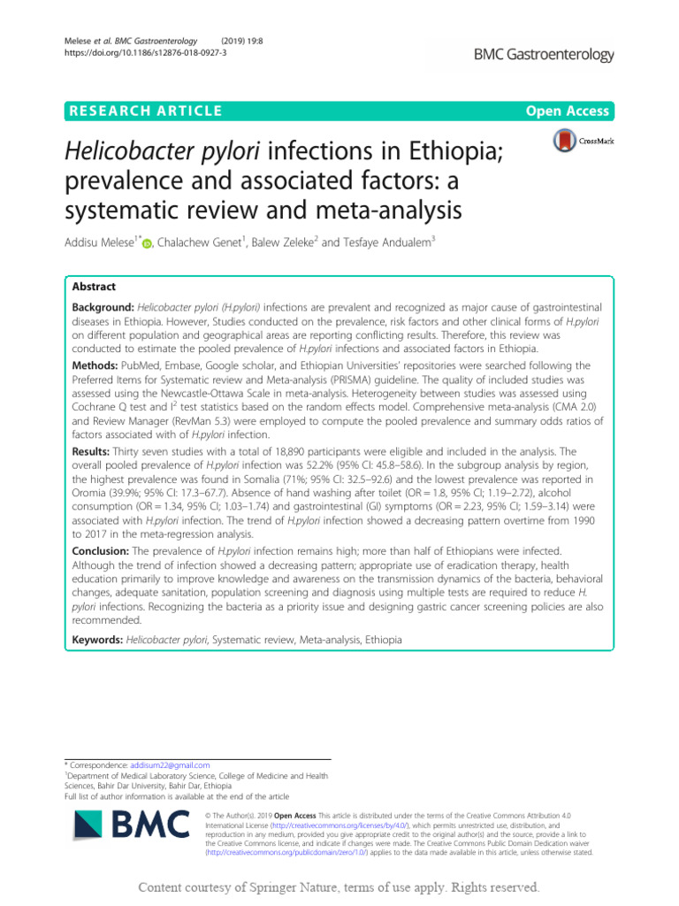 Helicobacter Pylori Infections in Ethiopia Prevale | PDF | Immunology | Health Sciences