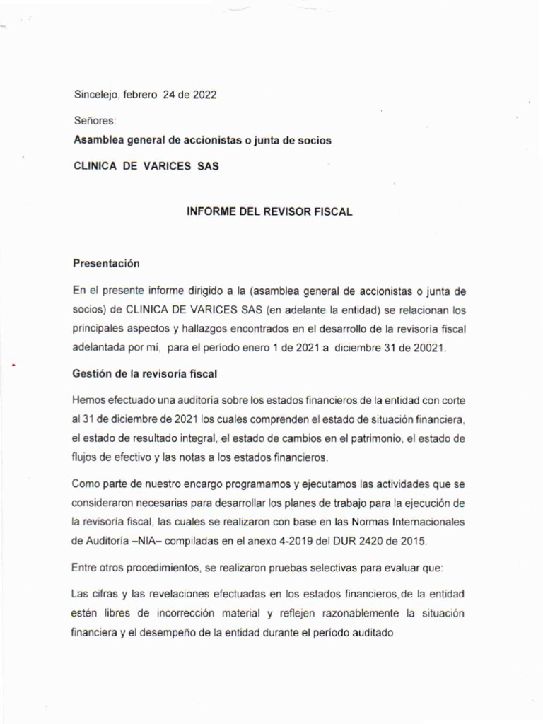 Dictamen Del Revisor Fiscal 2021 | PDF
