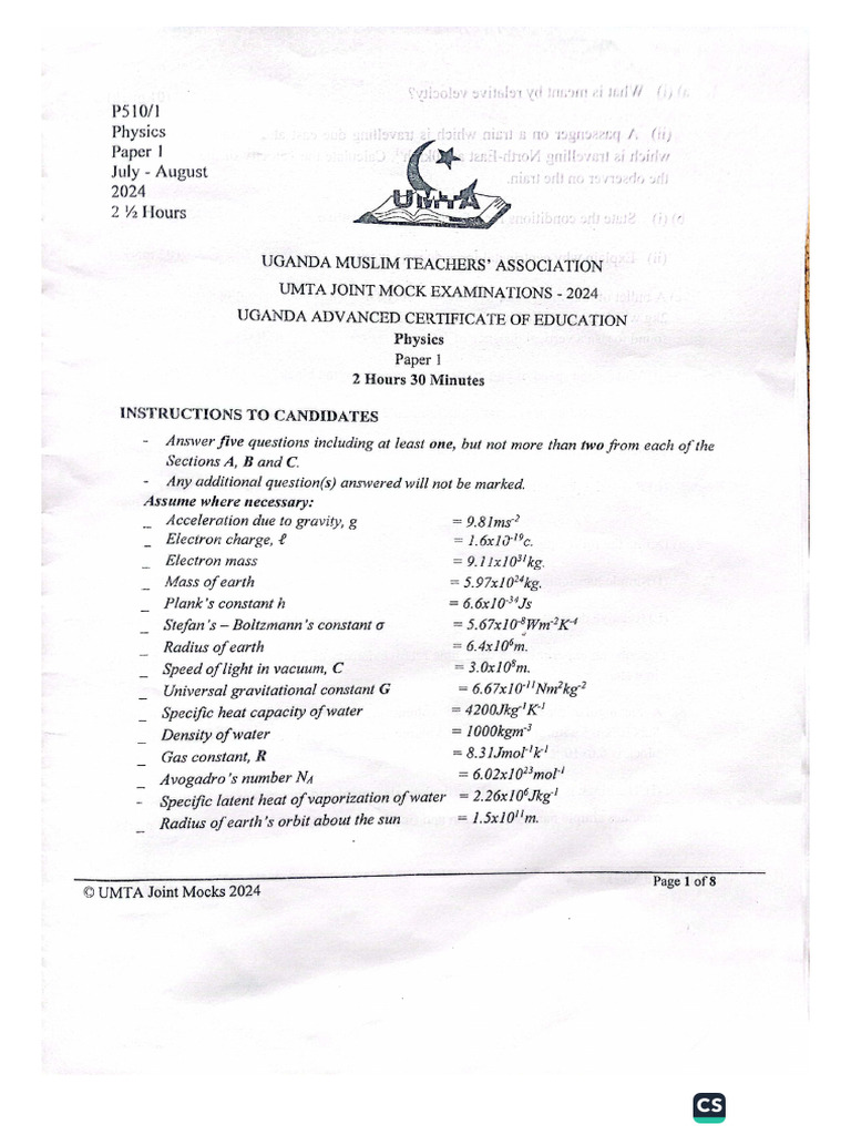 Umta Uace Physics Paper 1 2024 | PDF