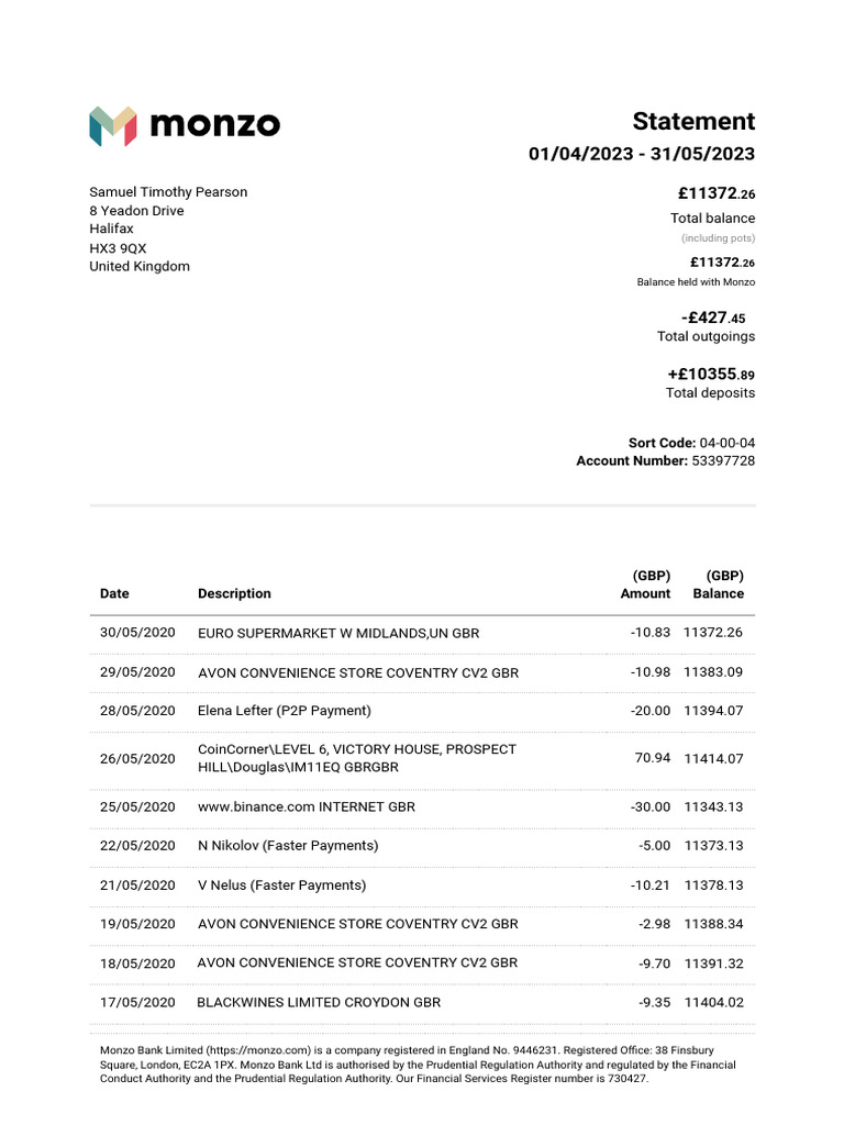 Monzo Account Statement Summary | PDF | Personal Finance | Payments