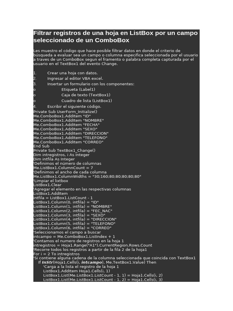 Filtrar Registros de Una Hoja en ListBox Por Un Campo Seleccionado de Un ComboBox | PDF ...