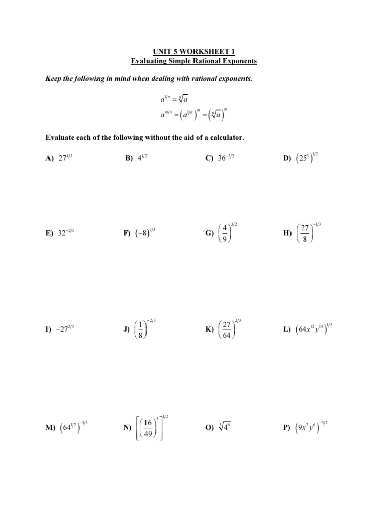 UNIT_5_WORKSHEET_1_SIMPLE_EXPRESSIONS_RATIONAL_EXPONENTS | PDF