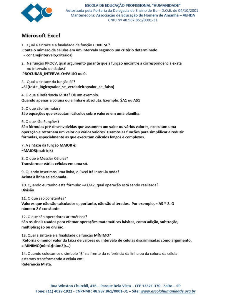 Questionario Excel-RESPONDIDO | PDF | Microsoft Excel | Função (Matemática)