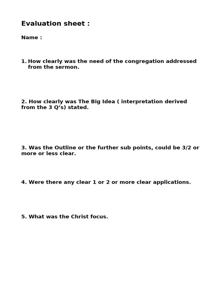 Evaluation Sheet for the Sermon Word | PDF