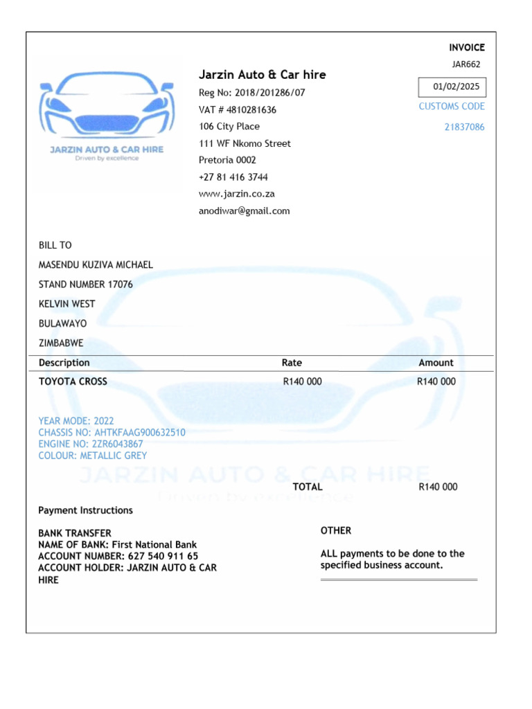 Jarzin Auto & Car Hire Invoice | PDF