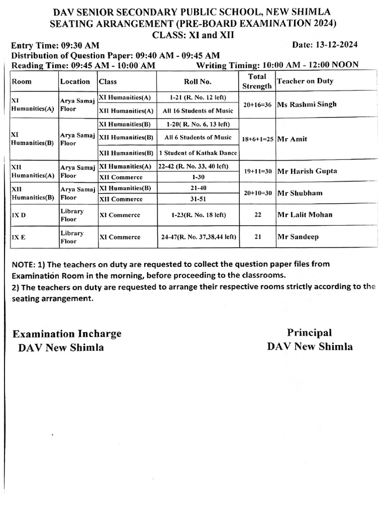 13-12-2024 - Seating Plan - XI-XII | PDF