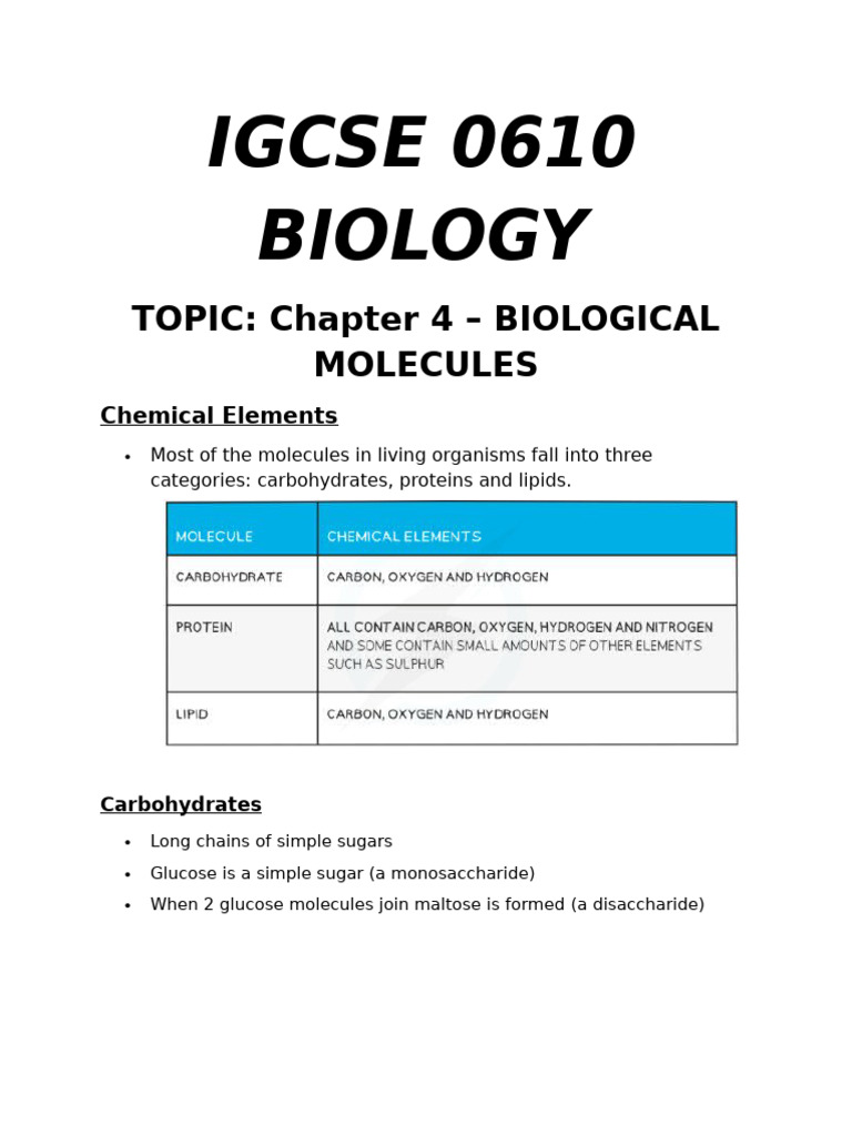 IGCSE Biology: Biological Molecules Overview | PDF | Carbohydrates ...
