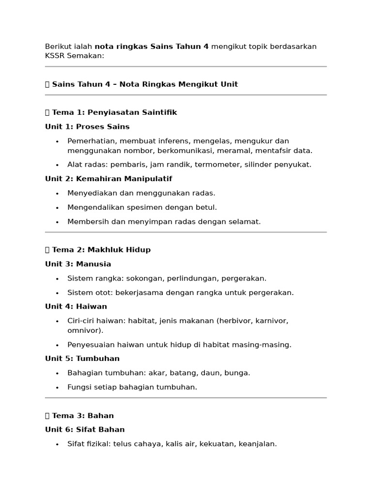 Berikut Ialah Nota Ringkas Sains Tahun 4 Mengikut Topik Berdasarkan KSSR Semakan | PDF
