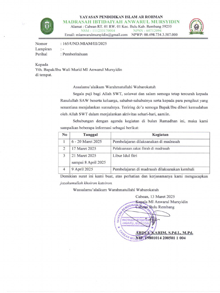 Surat Pemberitahuan Kegiatan Di Bulan Ramadhan | PDF