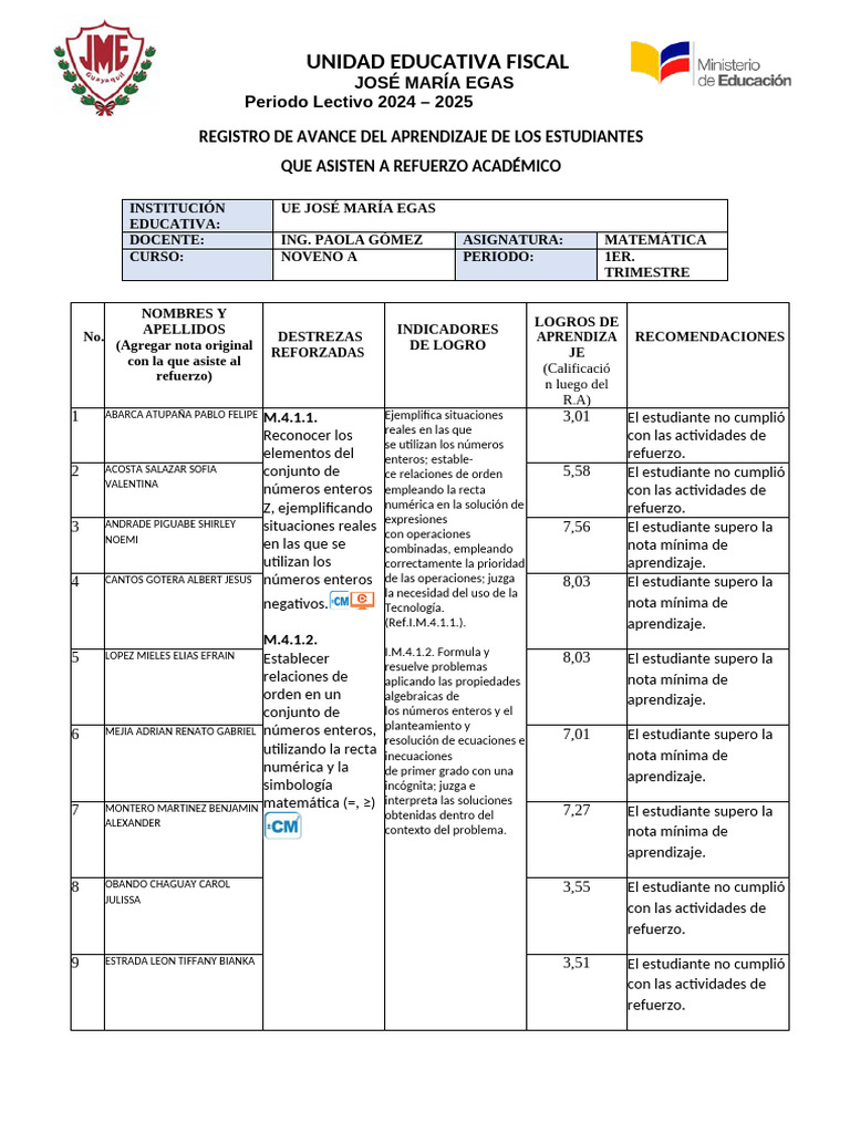 REGISTRO DE AVANCES DE REFUERZO ACADÉMICO | PDF | Matemáticas | Objetos ...