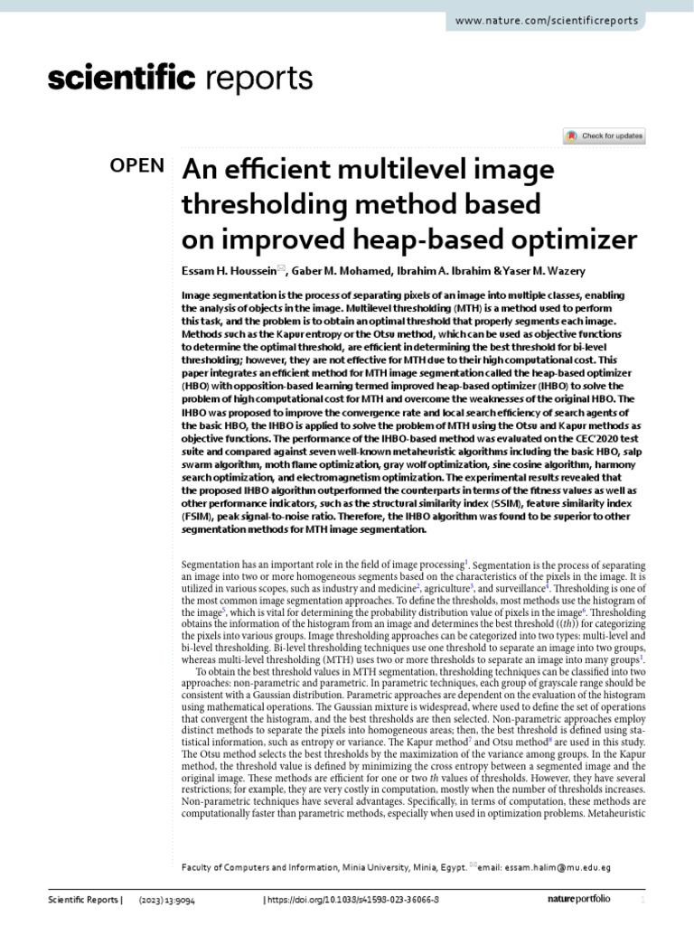 An Efficient Multilevel Image Thresholding Method Based On Improved Heap Based Optimizer | PDF ...