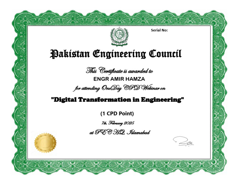 Pakistan Engineering Council: This Certificate Is Awarded To | PDF