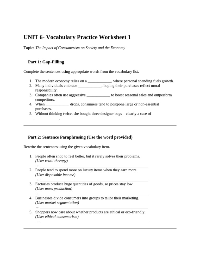 UNIT 6 - Vocabulary Practice Worksheet 1 - The Impact of Consumerism ...