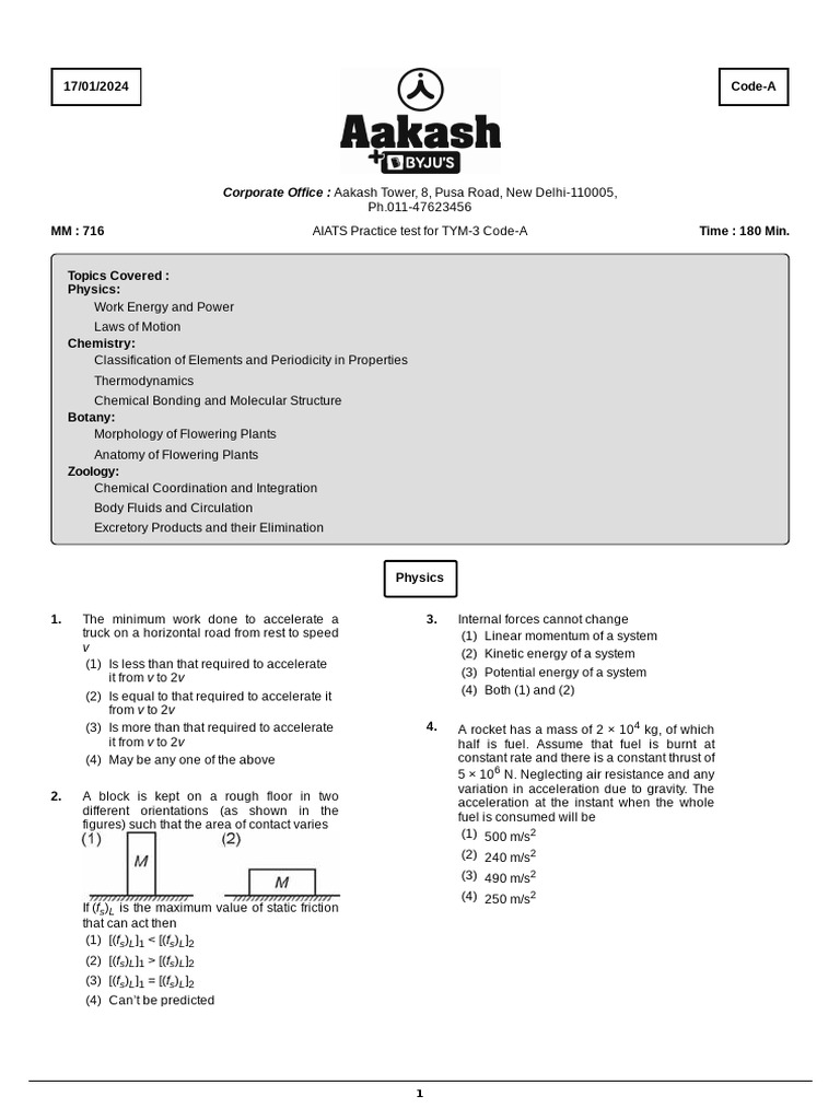 TYM-3 AIATS Practice Test Overview | PDF | Force | Momentum