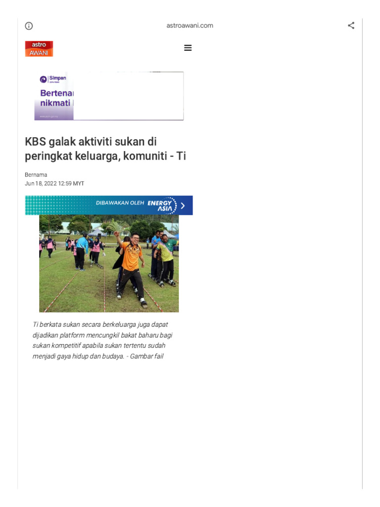 KBS Galak Aktiviti Sukan Di Peringkat Keluarga, Komuniti - Ti _ Astro Awani | PDF