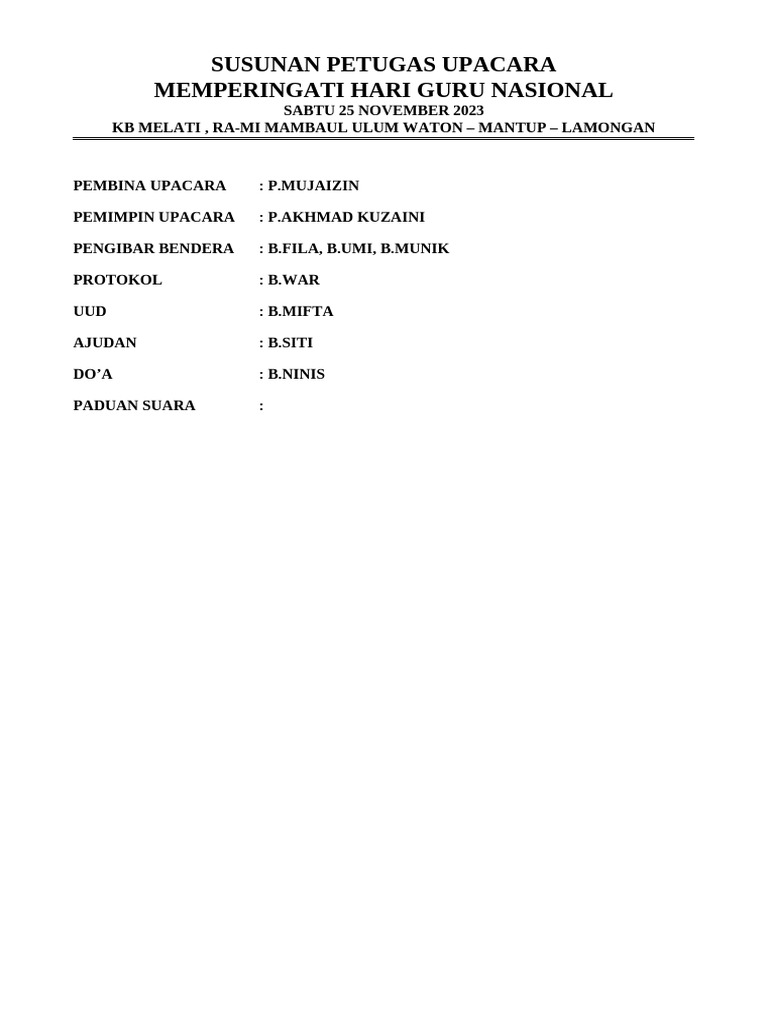 SUSUNAN PETUGAS UPACARA hari guru | PDF