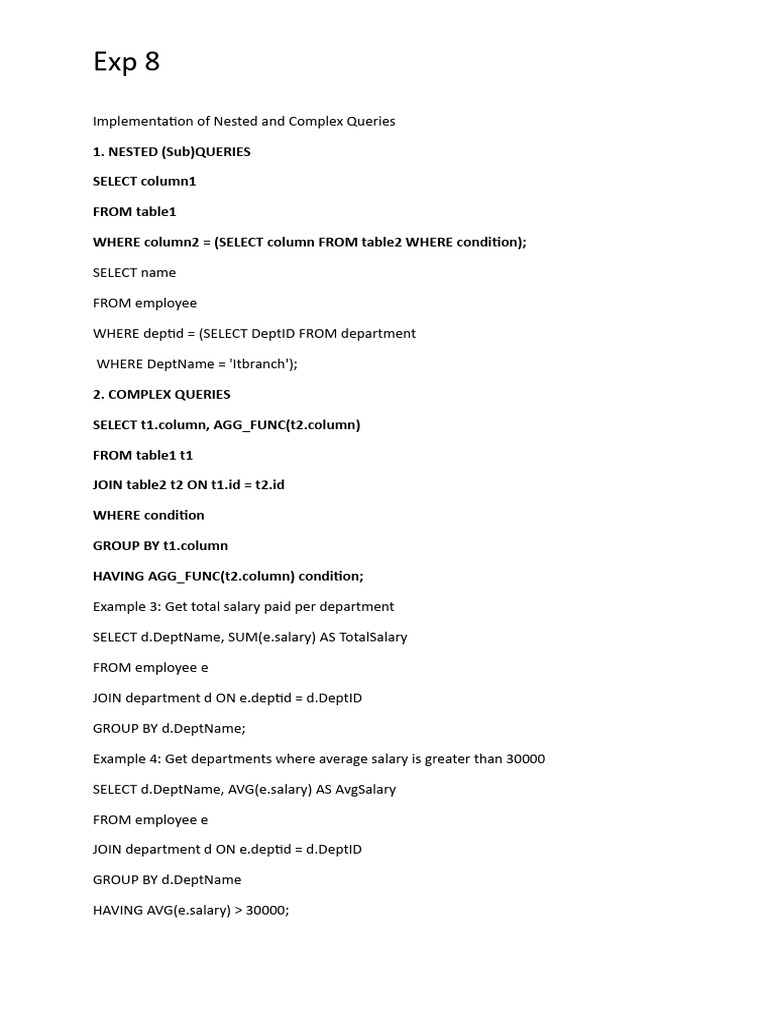 8Exp Implementation of Nested and Complex Queries | PDF 8Exp Implementation of Nested and Complex Queries | PDF
