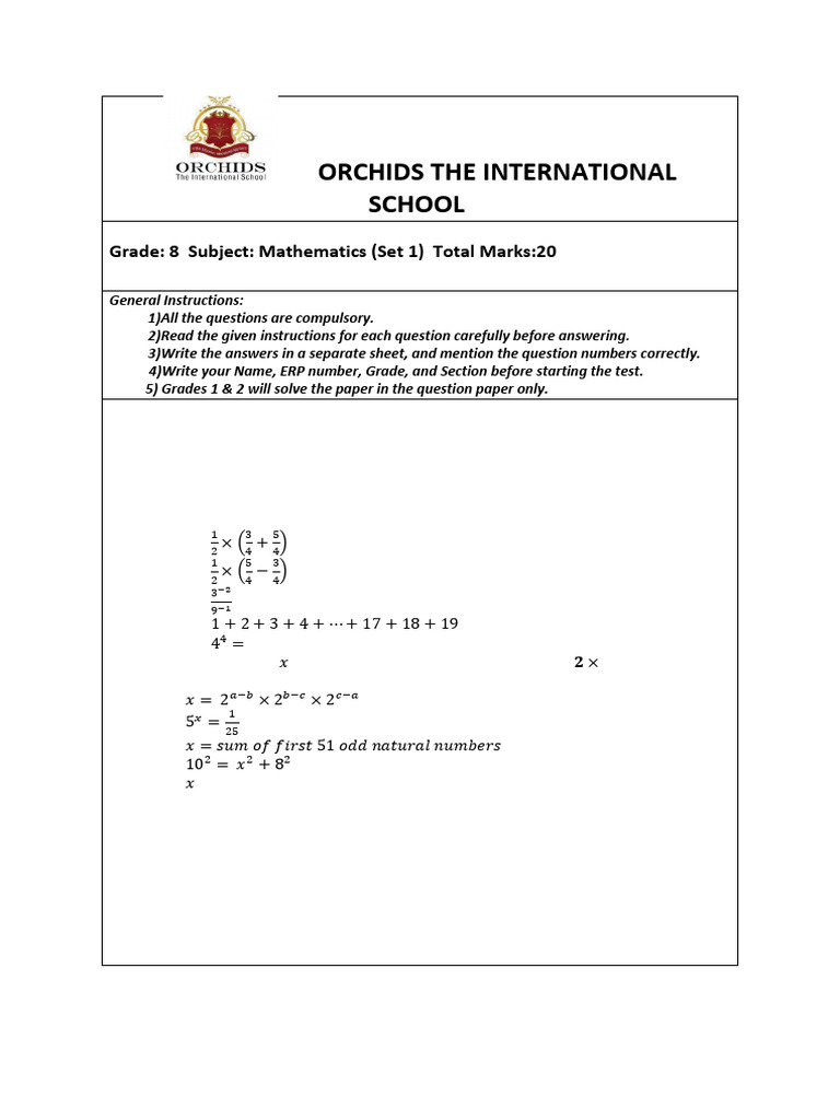 Grade 8 Maths Exam Paper Set 1 | PDF