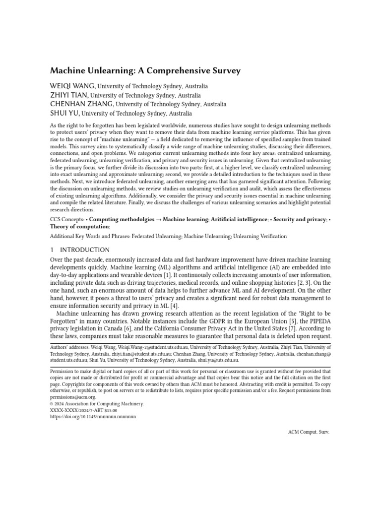 Wang 等 - 2024 - Machine Unlearning a Comprehensive Survey | PDF | Statistical Inference ...