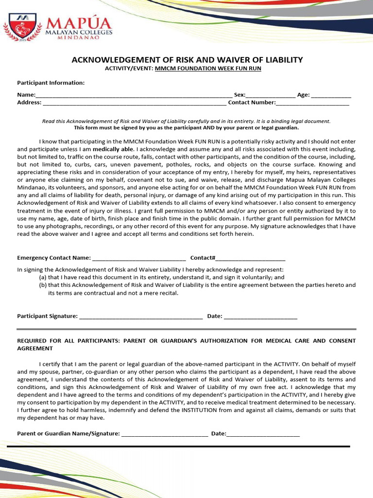 MMCM Fun Run Liability Waiver Form | PDF | Indemnity | Consent