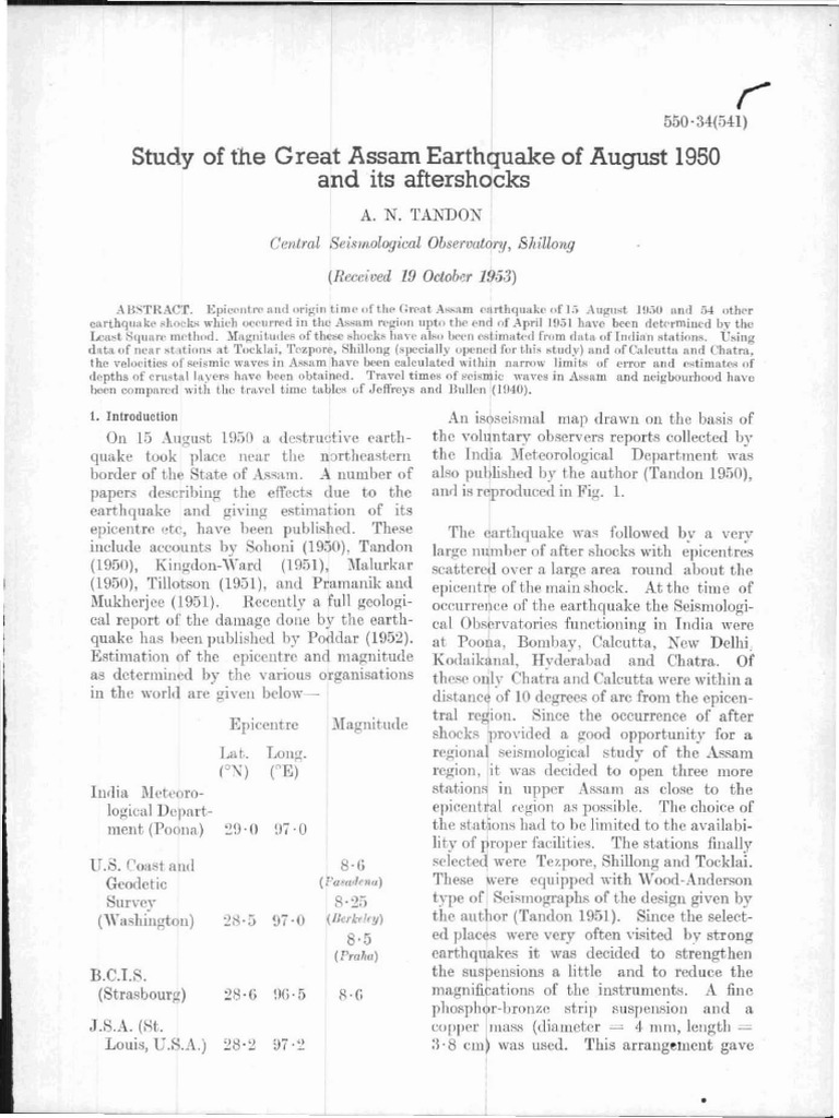 A Study of Assam Earthquake of August 1950 and Its | PDF