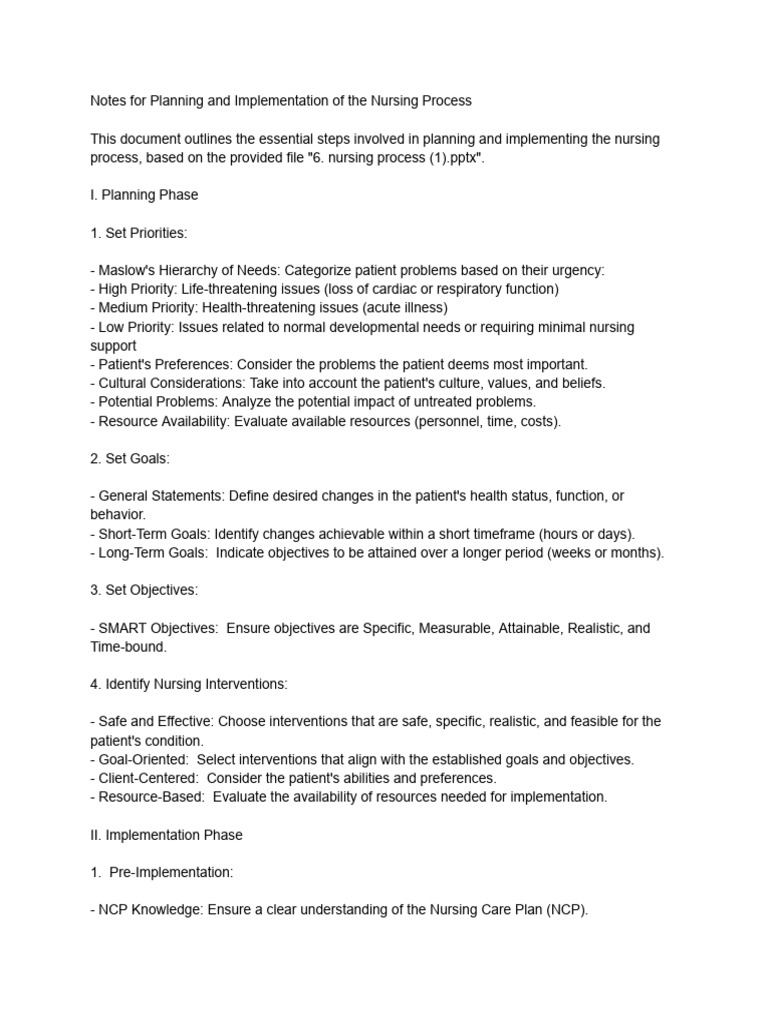 Notes For Planning and Implementation of The Nursing Process | PDF ...