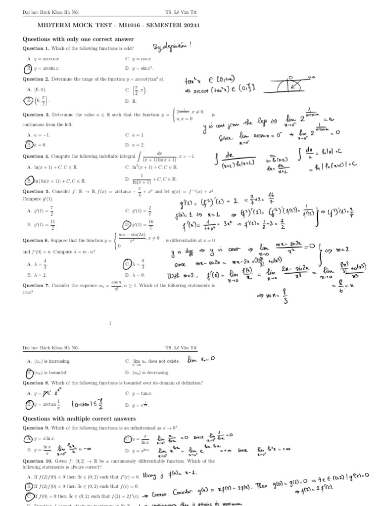 Midterm Mock Test MI1016 Questions | PDF | Complex Analysis | Calculus