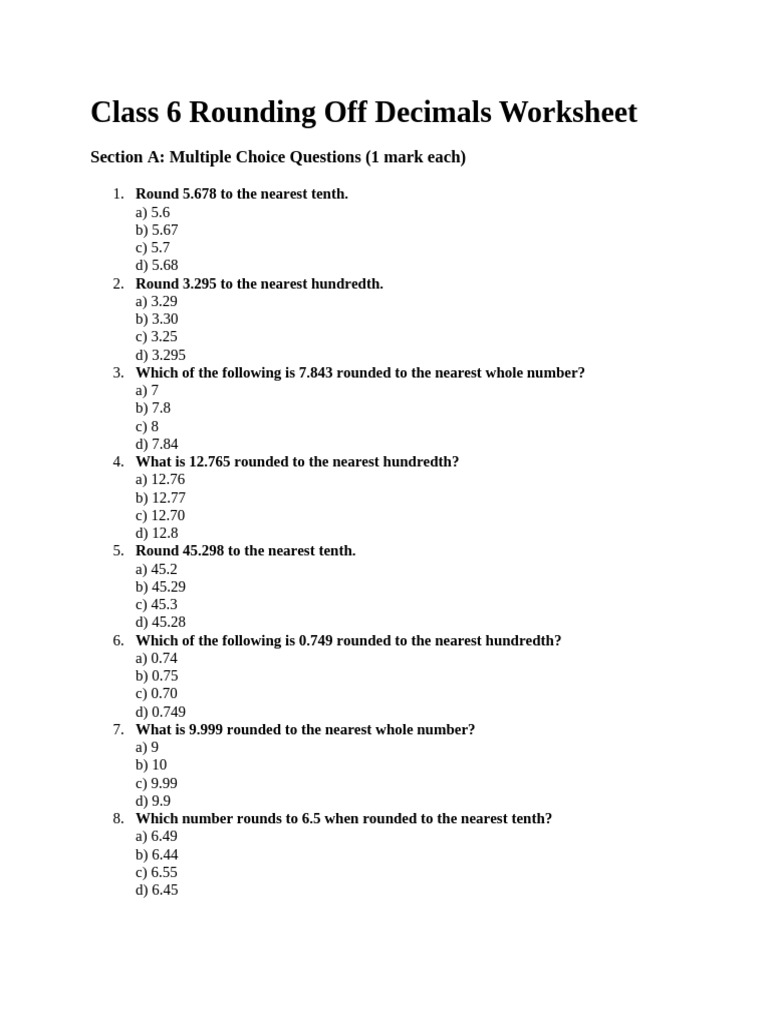 Class 6 Rounding Off Decimals Worksheet | PDF