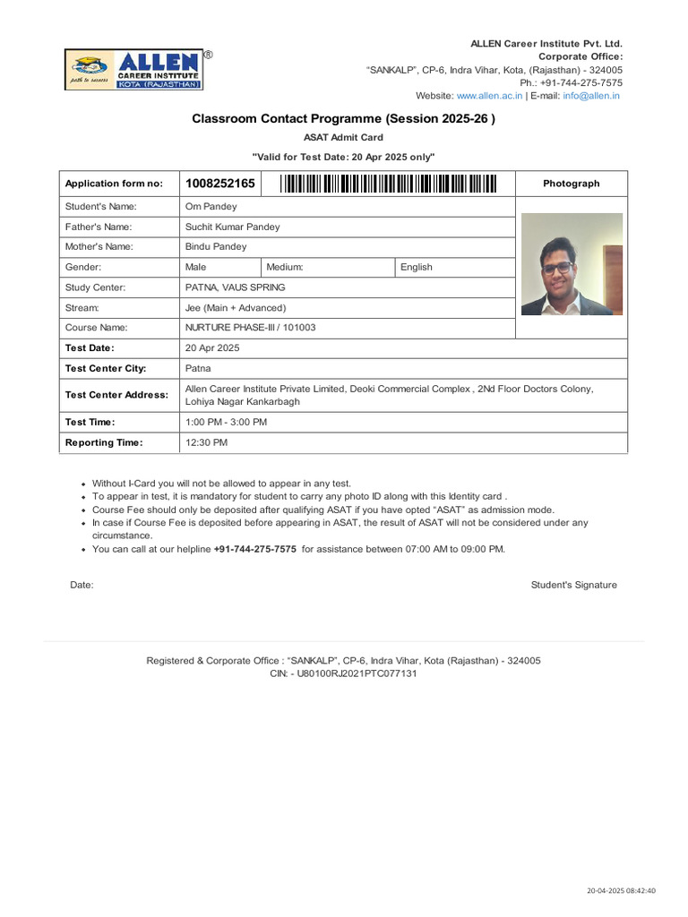 ASAT Admit Card for Patna Vaus Spring | PDF | Applications Of ...