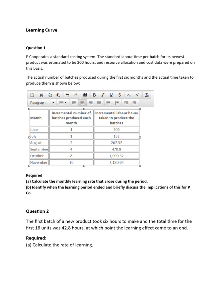 Learning Curve Analysis and Calculations | PDF