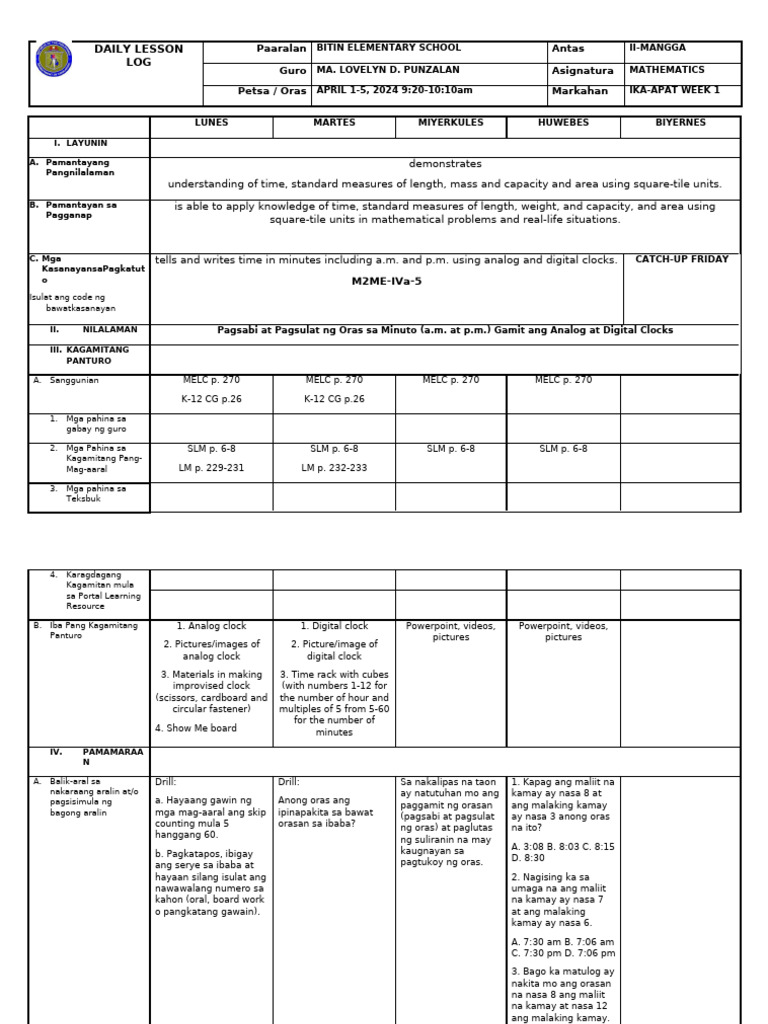 DLL - Q4 Math Week 1 | PDF