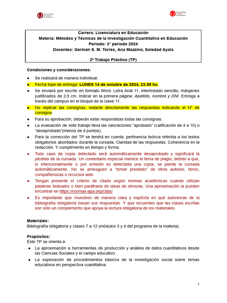 Consigna TP 2 (3Â° periodo 2024).docx | PDF | Cuestionario | Mediana