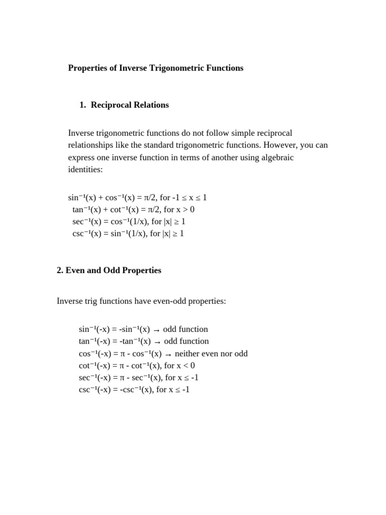 Inverse Trigonometric Functions Properties | PDF