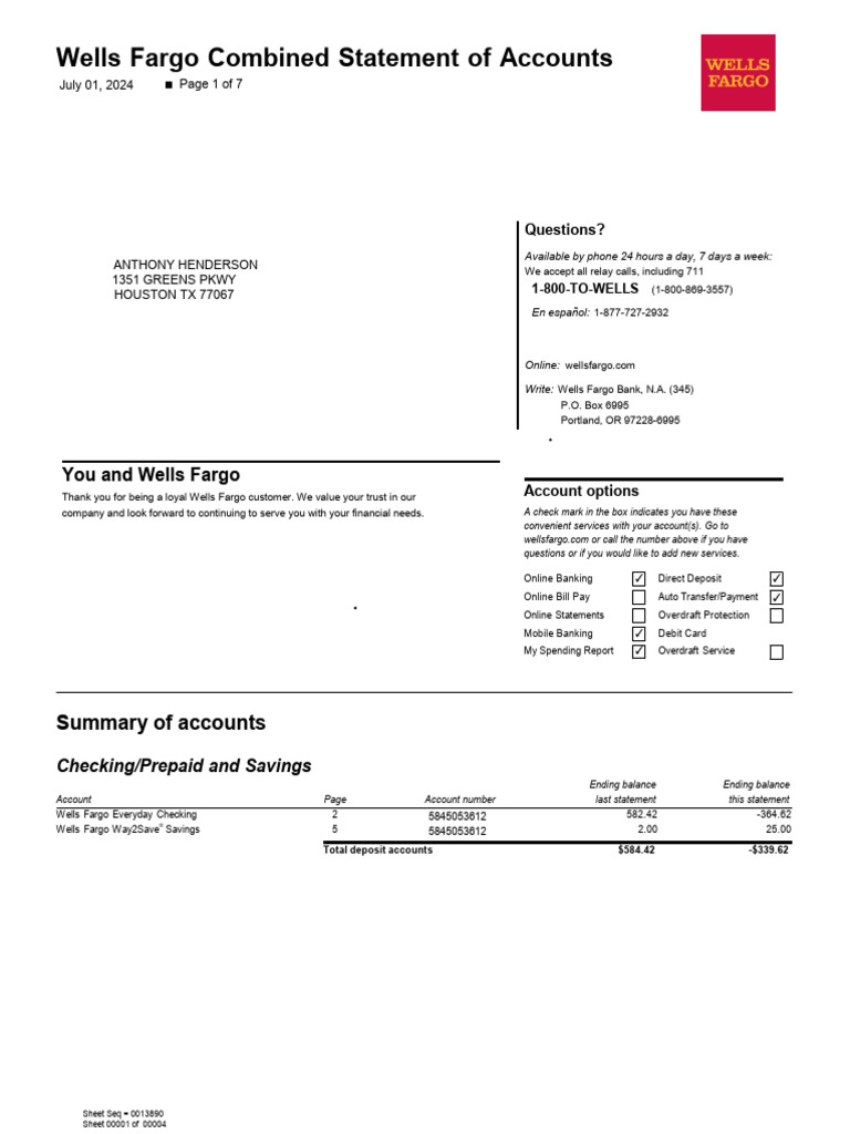 USA Wells Fargo Bank Statement 7 Pages | PDF | Transaction Account ...